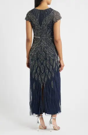 Pisarro Nights Beaded Cap Sleeve Column Gown