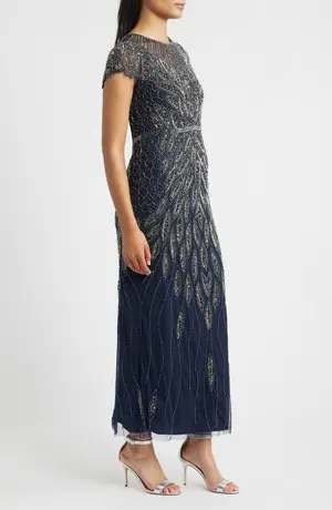 Pisarro Nights Beaded Cap Sleeve Column Gown