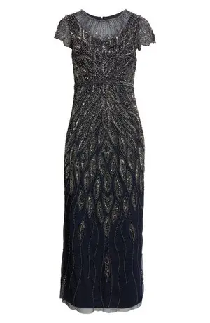 Pisarro Nights Beaded Cap Sleeve Column Gown