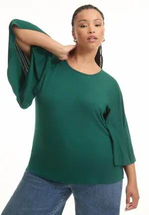 JUNE + VIE Flared Raglan Sleeve Breton Tee - Dark Pine Green