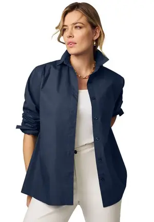 JESSICA LONDON Stretch Cotton Oversized Poplin Shirt - Navy