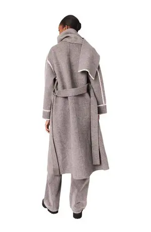 Maje Long Double-faced Coat With Integrated Scarf - Grey/white
