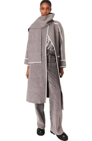 Maje Long Double-faced Coat With Integrated Scarf - Grey/white