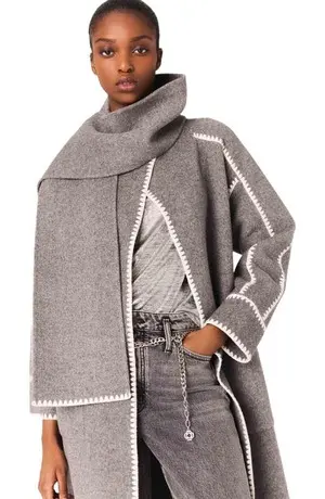 Maje Long Double-faced Coat With Integrated Scarf - Grey/white