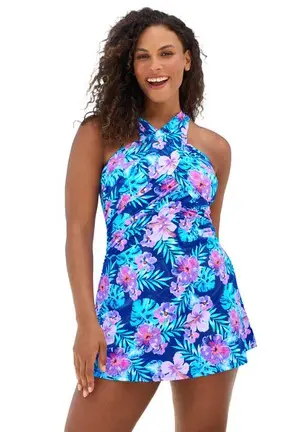 SWIMSUITS FOR ALL High Neck Wrap Swimdress Royal Hibiscus