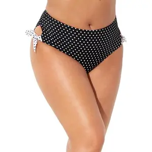 SWIMSUITS FOR ALL High-waist Bikini Bottom With Side Ties - White Black Polka Dot