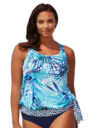 SWIMSUITS FOR ALL Blouson Tankini Top With Side Tie Blue Palm