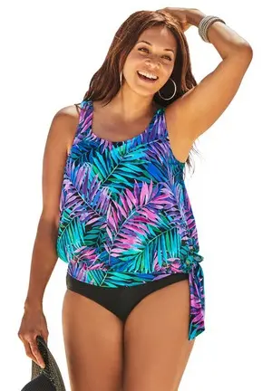 SWIMSUITS FOR ALL Blouson Tankini Top With Side Tie - Palmtastic