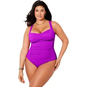SWIMSUITS FOR ALL Ruched Twist Front One Piece Swimsuit - Very Fuchsia