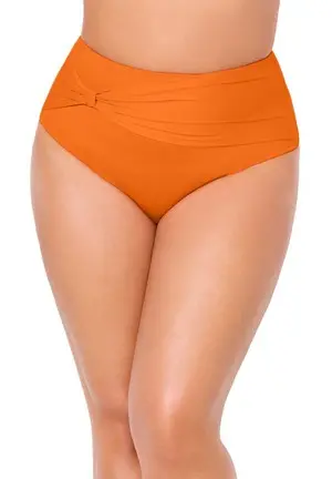 SWIMSUITS FOR ALL Side Knot Drape Overlay High Waist Swim Brief - Papaya