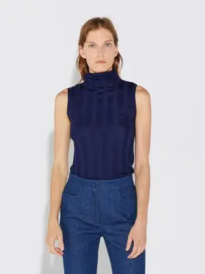 CALLAS MILANO Romy Sleeveless Turtleneck In Merino Wool Rib - Navy
