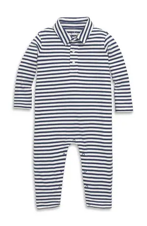 PRIMARY Baby Long Sleeve Polo Romper In Mini Stripe - Ivory Sunwashed Navy Stripe