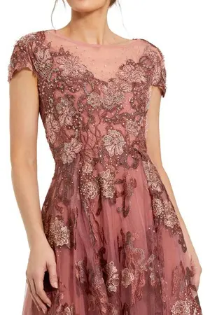 Mac Duggal Floral Embroidered Cap Sleeve Evening Gown