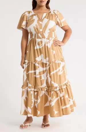SUGARLIPS Tiered Cotton Maxi Dress - Camel/multi