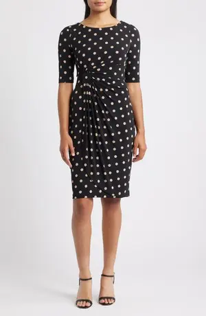 CONNECTED APPAREL Polka Dot Faux Wrap Dress - Black/camel