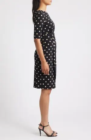 CONNECTED APPAREL Polka Dot Faux Wrap Dress - Black/camel