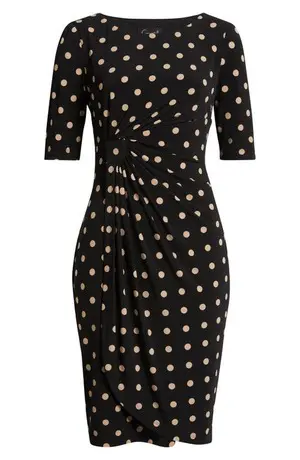 CONNECTED APPAREL Polka Dot Faux Wrap Dress - Black/camel