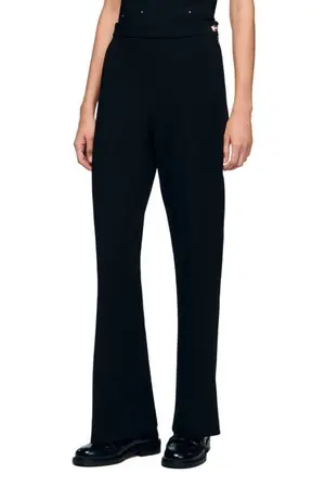 Sandro Straight Leg Trousers With Decorative Button Belt - Black