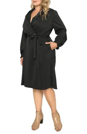 STANDARDS & PRACTICES Notched Lapel Long Sleeve Crepe Wrap Dress