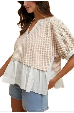 KNIT & LOUNGE Grid Blouse With Ruffle Hem