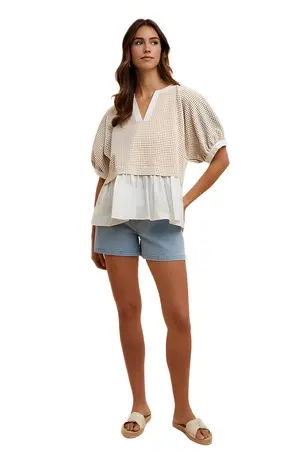 KNIT & LOUNGE Grid Blouse With Ruffle Hem