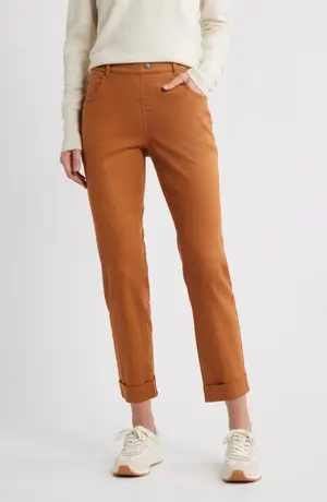 Hue High-waist Cuffed Straight-leg Denim Leggings - Caramel Café