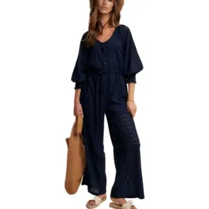 KNIT & LOUNGE Eyelet Wide-leg Jumpsuit With Adjustable Waist - Navy Eyelet