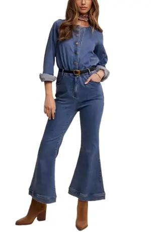 KNIT & LOUNGE Denim Button-front Flare Jumpsuit - Medium Blue