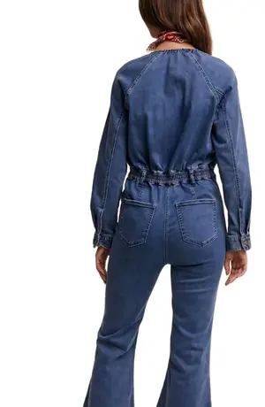 KNIT & LOUNGE Denim Button-front Flare Jumpsuit