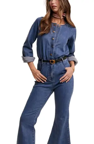 KNIT & LOUNGE Denim Button-front Flare Jumpsuit