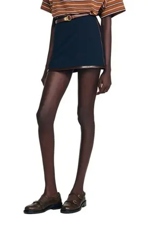 Sandro Short Skirt With Leather Bands - Navy Blue