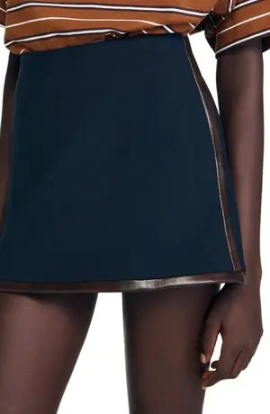 Sandro Short Skirt With Leather Bands - Navy Blue