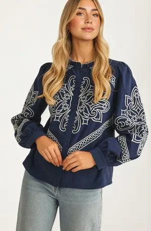 KNIT & LOUNGE Embroidered Puff-sleeve Blouse