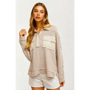 KNIT & LOUNGE Striped Waffle Knit Pullover - Brown/beige