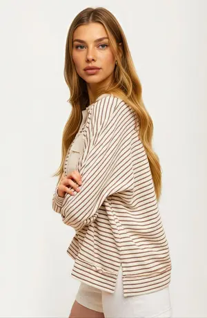 KNIT & LOUNGE Striped Waffle Knit Pullover