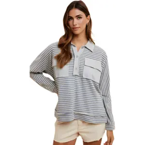 KNIT & LOUNGE Striped Button Top With Patch Pockets