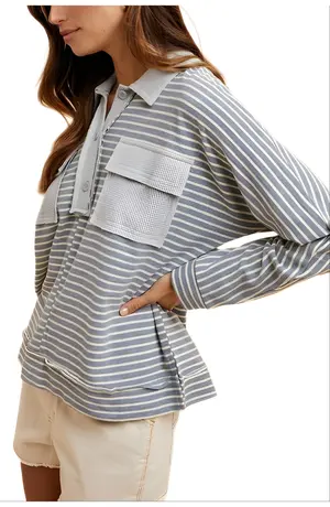 KNIT & LOUNGE Striped Button Top With Patch Pockets