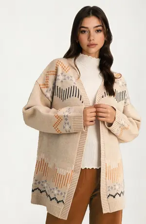 KNIT & LOUNGE Geometric Knit Cardigan With Scallop Trim
