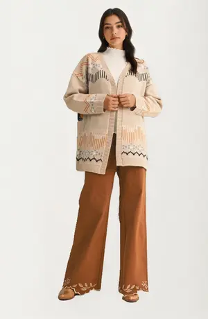 KNIT & LOUNGE Geometric Knit Cardigan With Scallop Trim