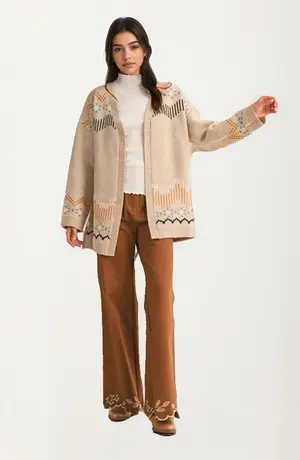 KNIT & LOUNGE Geometric Knit Cardigan With Scallop Trim