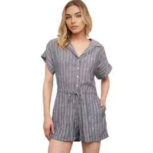 KNIT & LOUNGE Striped Button-front Romper - Slate Blue
