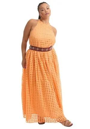 JUNE + VIE Halter Eyelet Maxi Dress