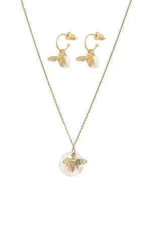 BEARFRUIT JEWELRY Sterling Bee Pearl Necklace And Earring Set - Gold