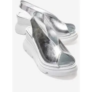 FOREVER & ALWAYS SHOES Leather Platform Wedge Sandals - Silver