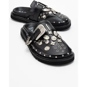 FOREVER & ALWAYS SHOES Maril Leather Buckle Sandal Black Leather