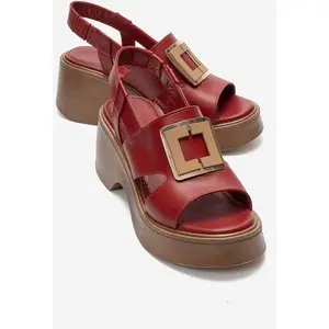 FOREVER & ALWAYS SHOES Leather Buckle Platform Sandal - Red