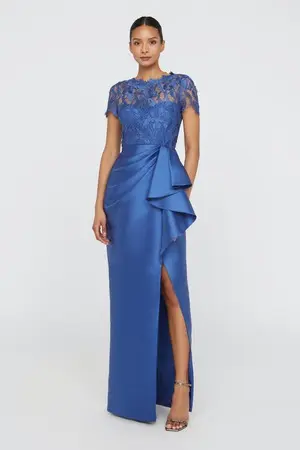 Theia Column Draped Gown - Blue Mirage