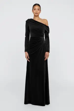 Theia One-shoulder Fit-and-flare Velvet Gown