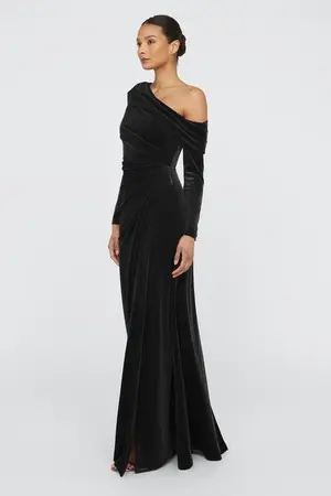 Theia One-shoulder Fit-and-flare Velvet Gown
