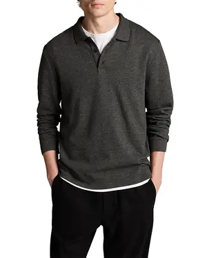 Vince Heathered Double Face Long Sleeve Polo Shirt Medium Grey/night Leaf